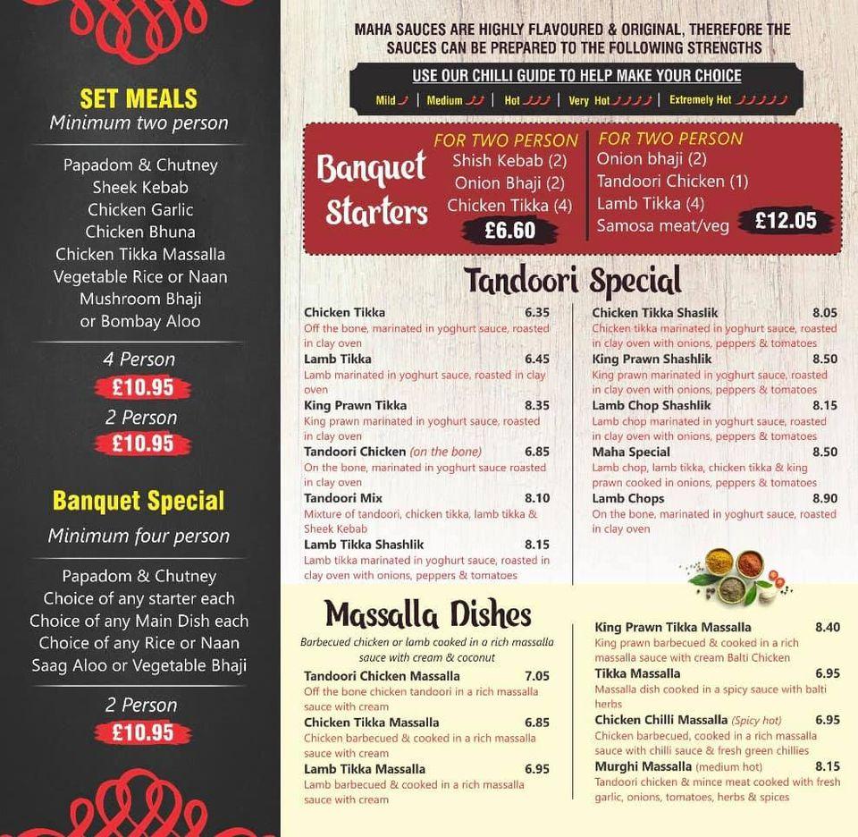 Menu at Maha Indian Cuisine restaurant, Hyde