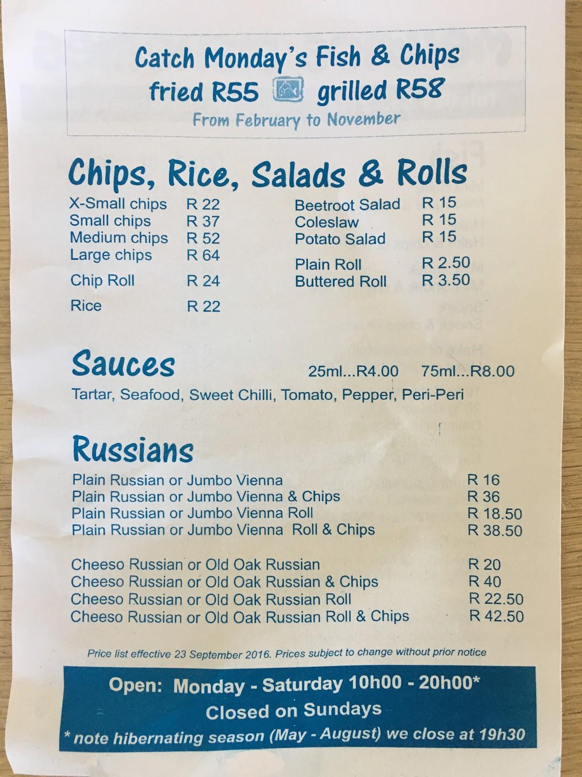 Menu at Melkbos Fisheries restaurant, Cape Town, 6th Avenue Palm Centre ...