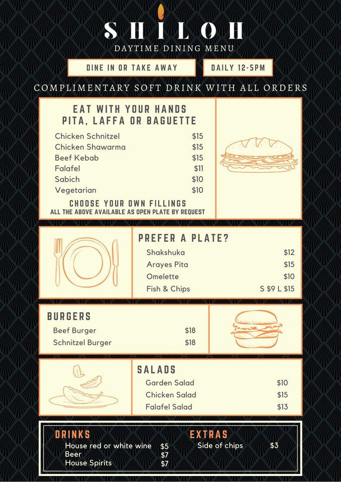 Menu at Shiloh Melbourne restaurant, Caulfield North