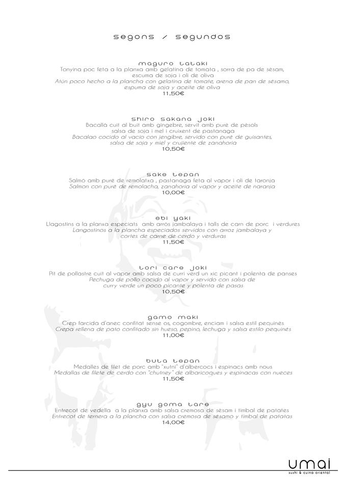 Menu at UMAI restaurant, Girona