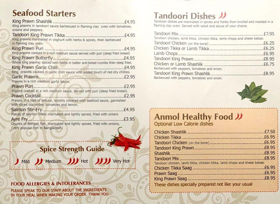 Menu at Anmol Indian Restaurant, Warrington, 62 Warrington Rd