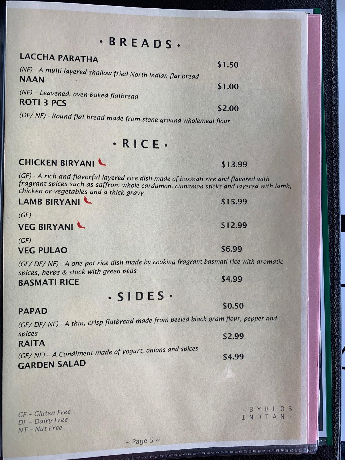 Menu at Byblos Indian & Lebanese Cuisine BBQ, Dartmouth
