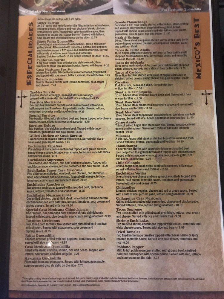 Menu at Casa Mexicana restaurant, Memphis, 555 S Perkins Rd