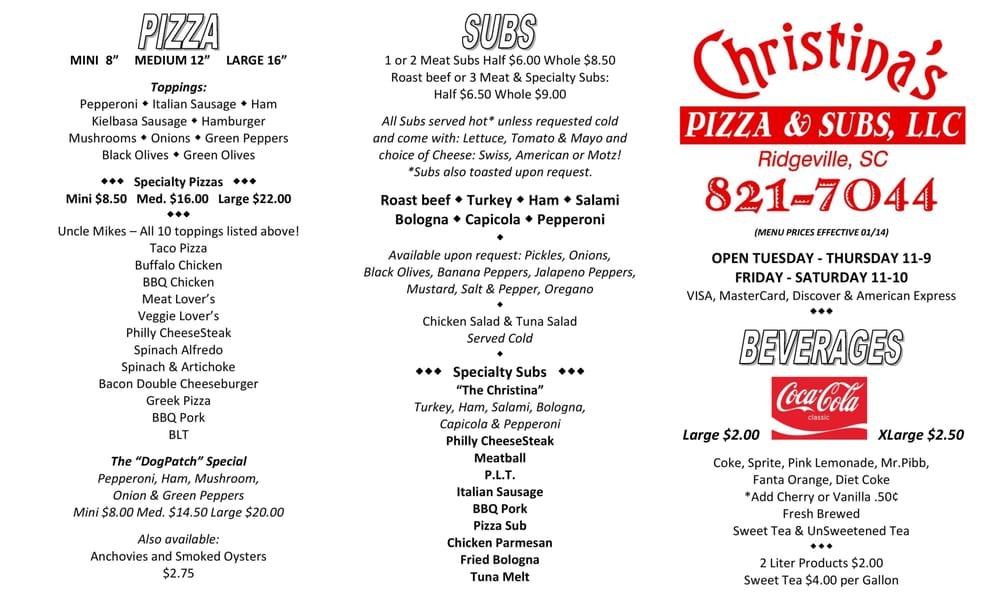 Menu at Christina's Pizza & Subs, LLC pizzeria, Ridgeville