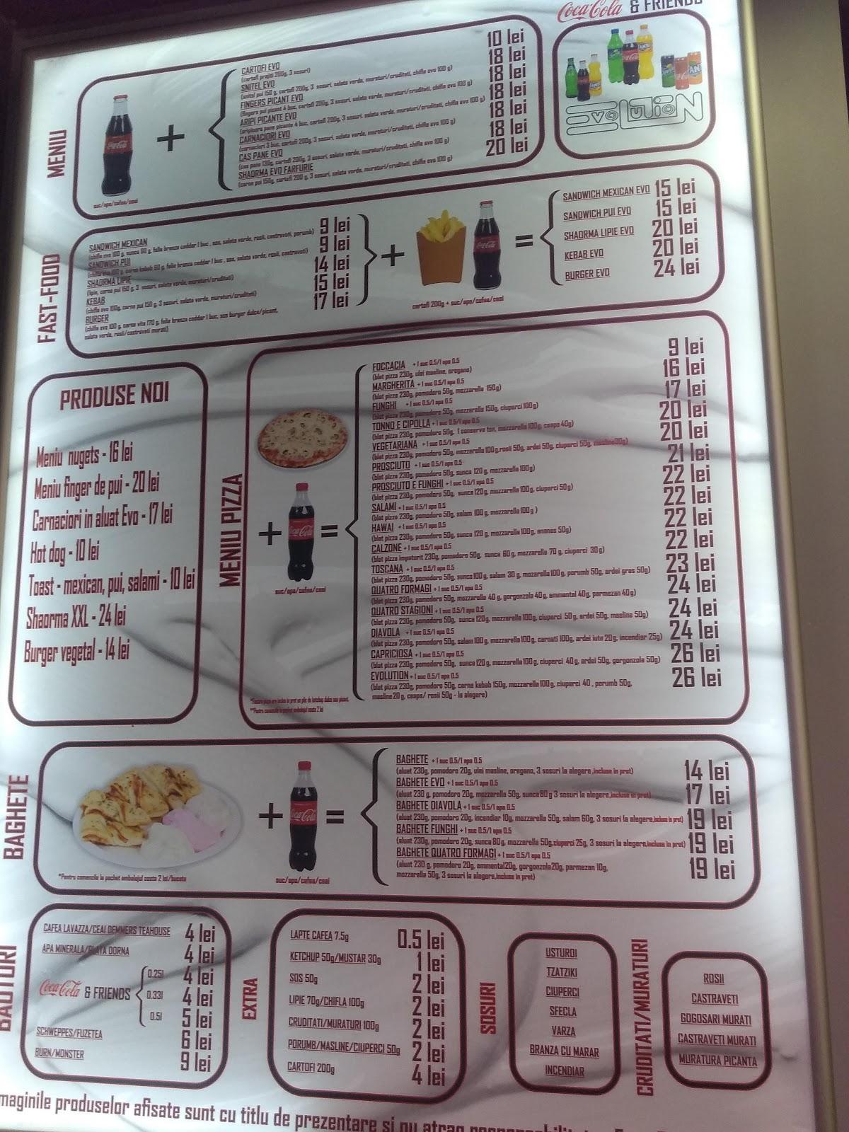 Menu au Fast Food Evolution, Baia Mare, Bulevardul Regele Mihai I 6