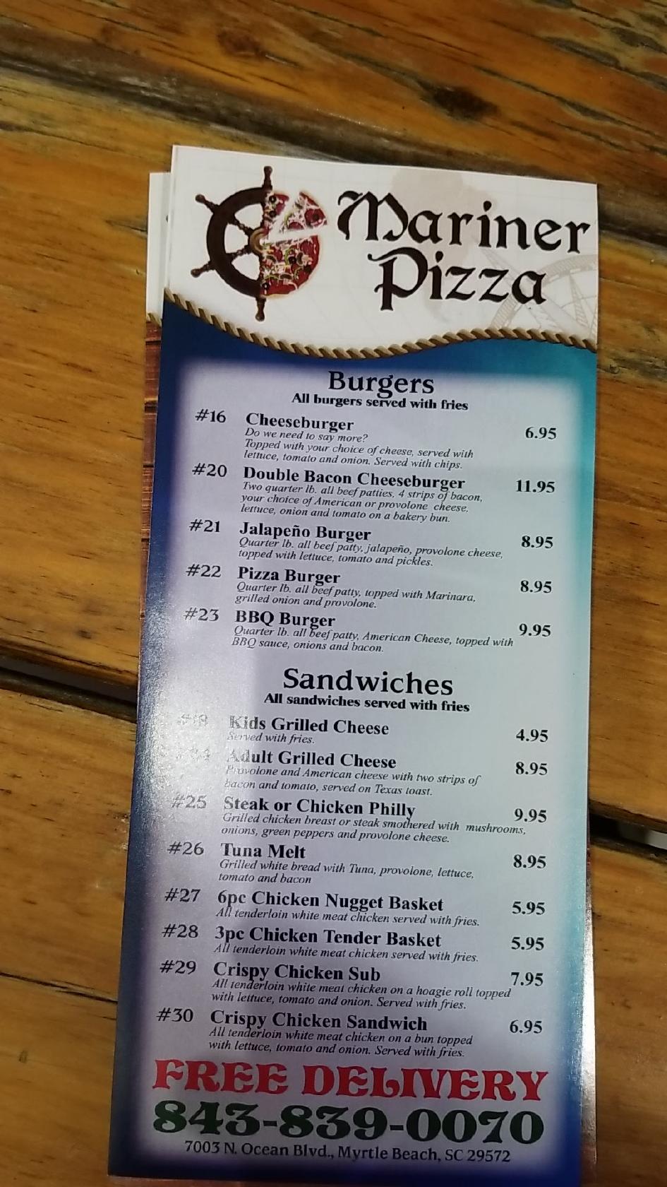 Menu at Mariner Pizza pizzeria, Myrtle Beach