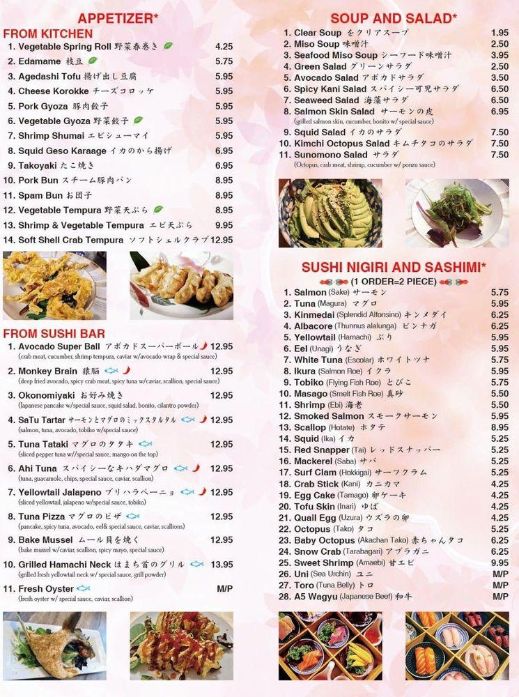 Menu at Mori Sushi restaurant, Indianapolis
