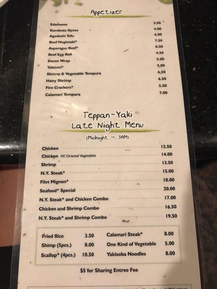 Menu at Musashi Japanese Steakhouse, Las Vegas