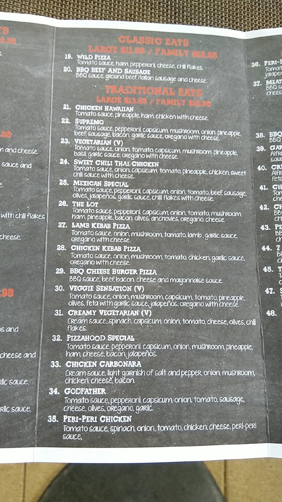Menu at Pizzahood restaurant, Echuca