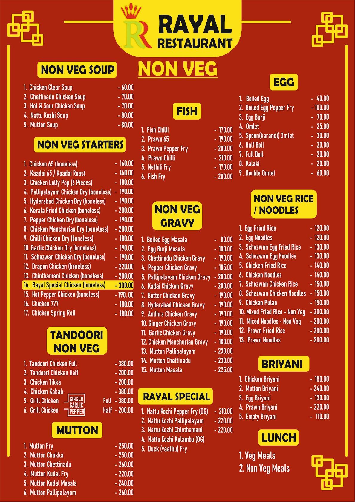 Menu at Rayal Restaurant, Sulur