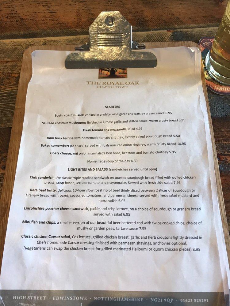 Menu at Royal Oak pub & bar, Edwinstowe