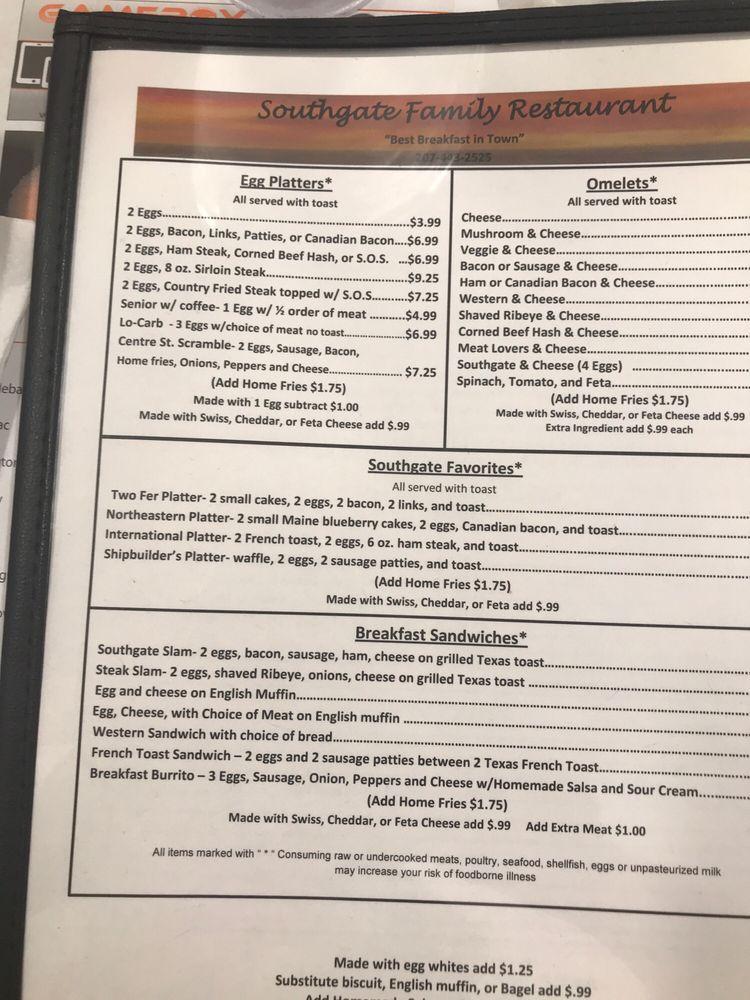Menu at Southgate Family Restaurant LLC, Bath, 25 Centre St
