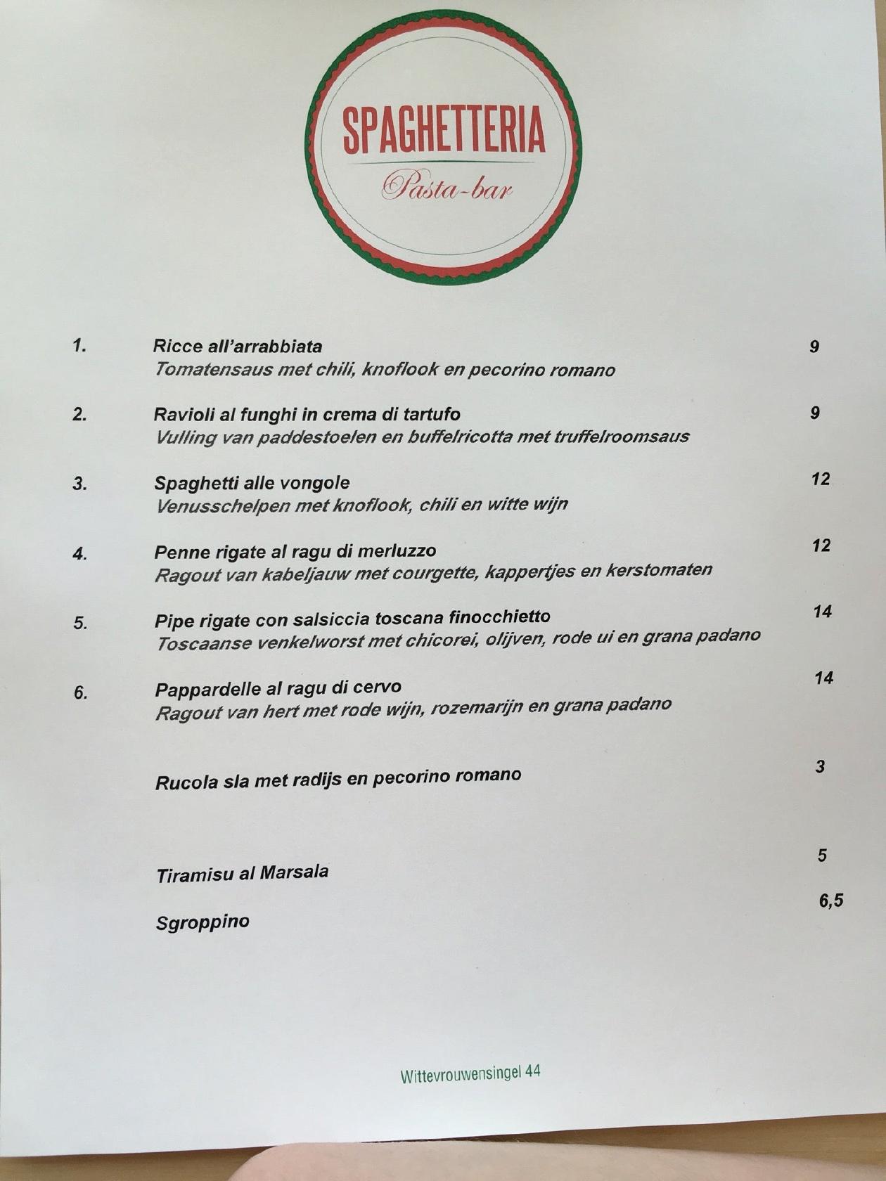 Menu at Spaghetteria Wittevrouwensingel, Utrecht, Wittevrouwensingel 44