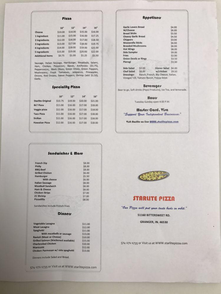 Menu at Starlite Pizza pizzeria, Granger