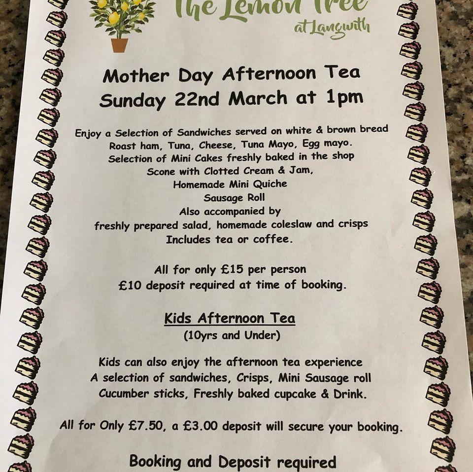 Menu at The Lemon Tree at Langwith cafe, Langwith
