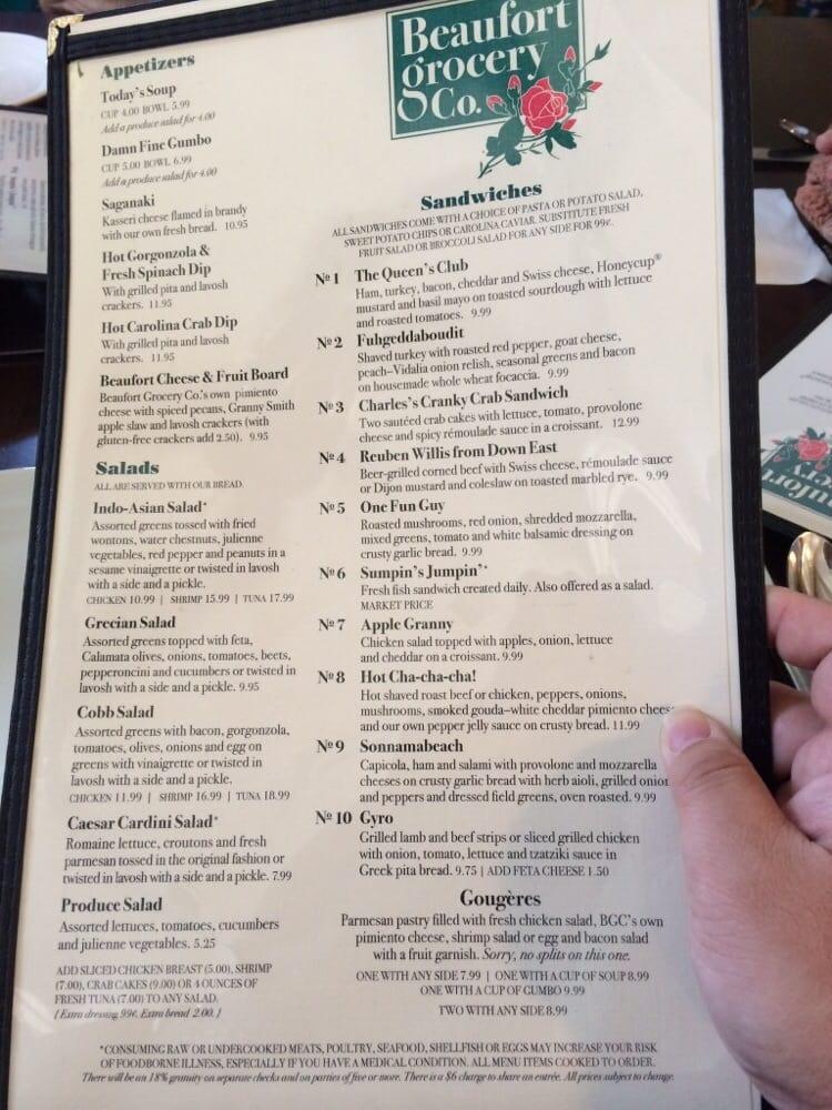 Menu at Beaufort Grocery restaurant, Beaufort, 117 Queen St