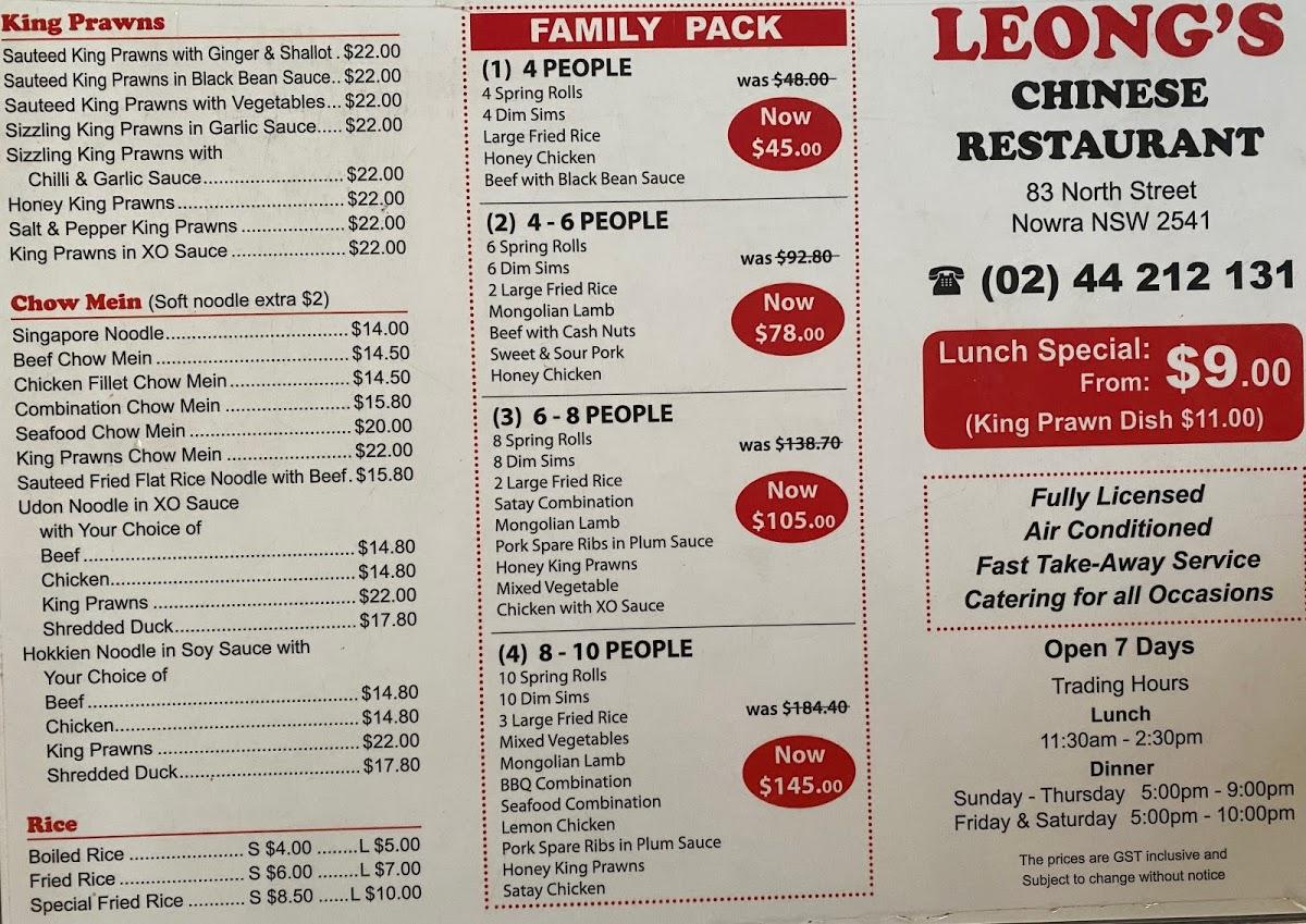 Menu at Leong's Chinese Restaurant, Nowra