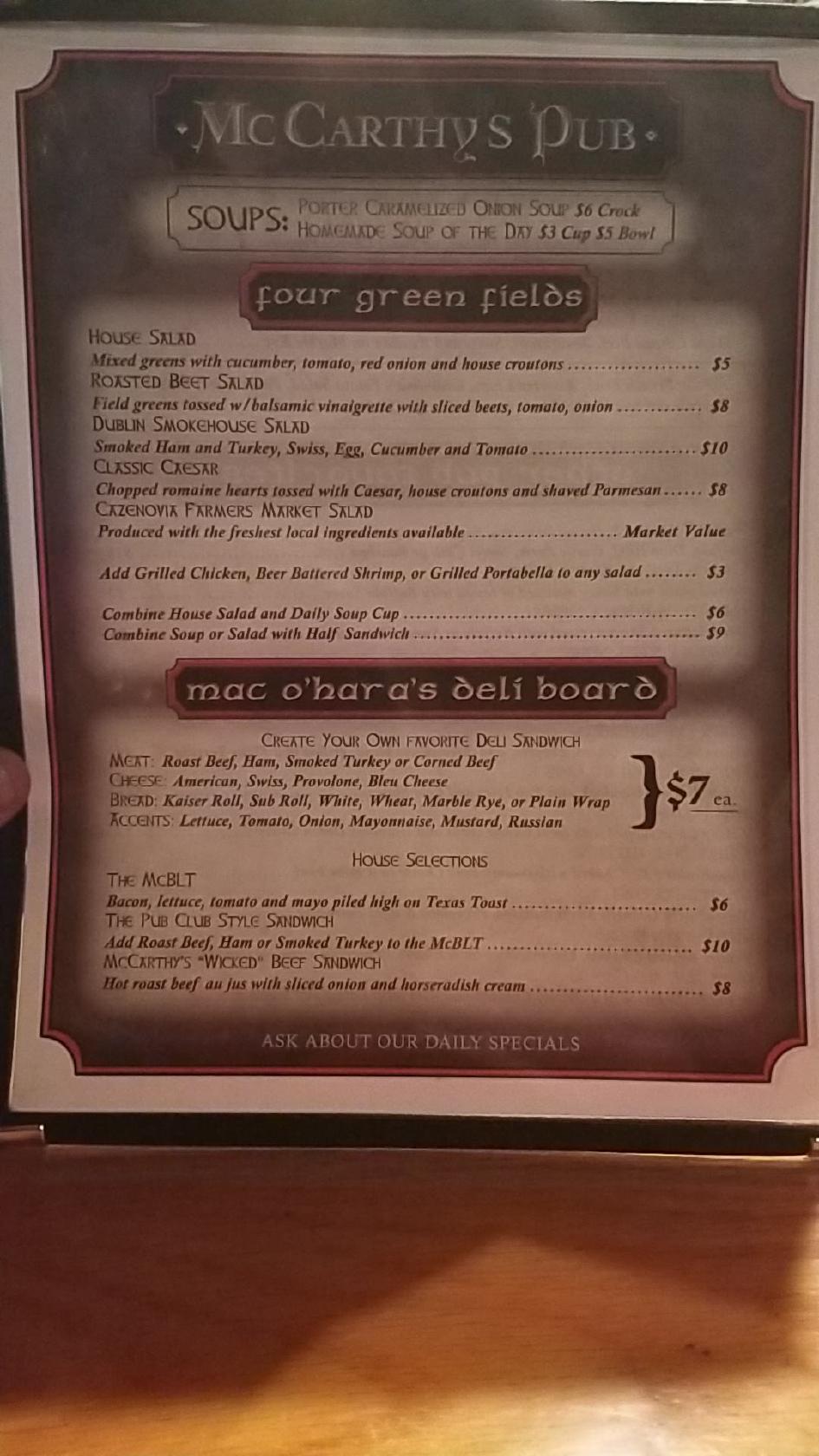 Menu at McCarthy's Irish Pub, Cazenovia