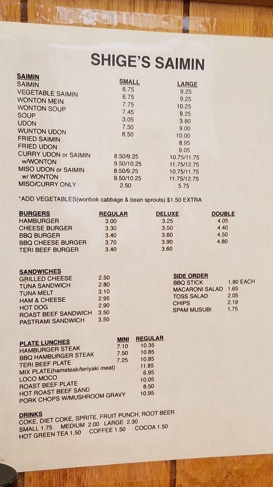 Menu at Shige's Saimin Stand restaurant, Wahiawa