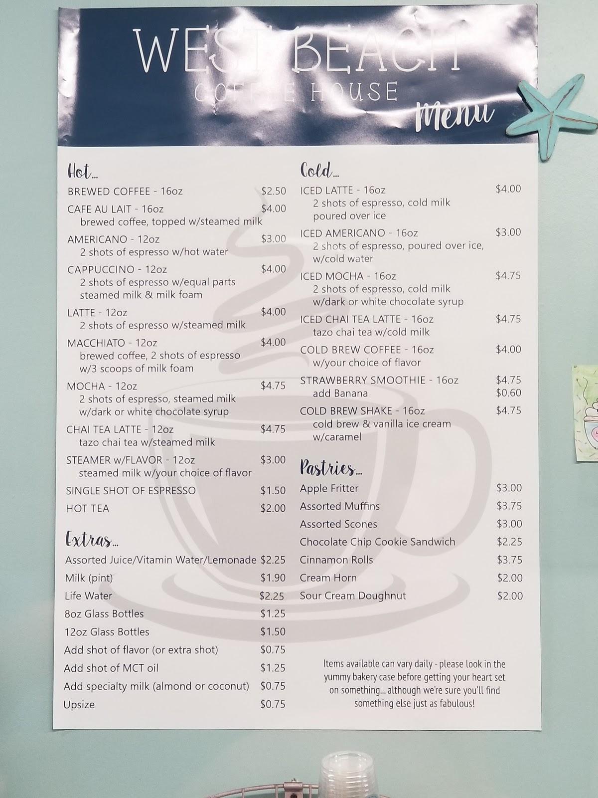 Menu at West Beach Coffee House, Gulf Shores