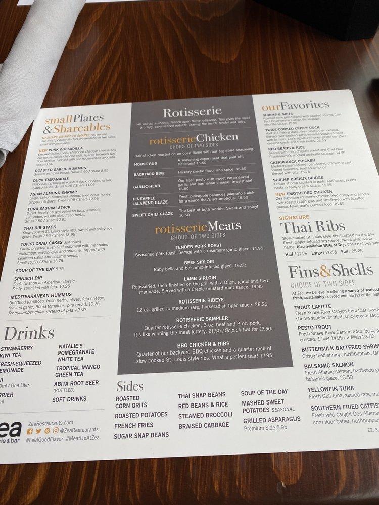 Menu at Zea Rotisserie & Bar, Ridgeland, Highland Colony Pkwy Suite 10
