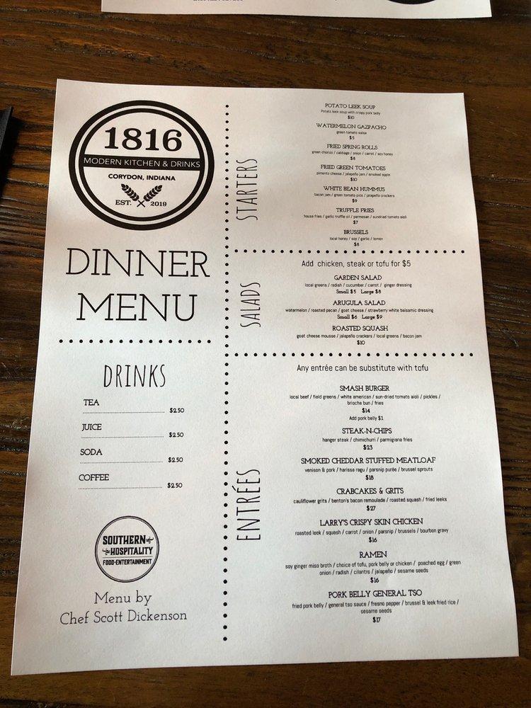 Menu at 1816 Modern Kitchen & Drinks restaurant, Corydon