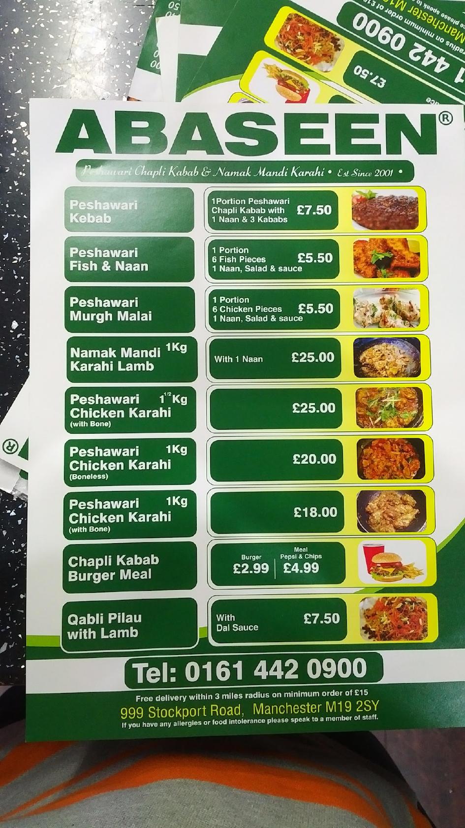 Menu at Abaseen restaurant, Manchester, 999 Stockport Rd