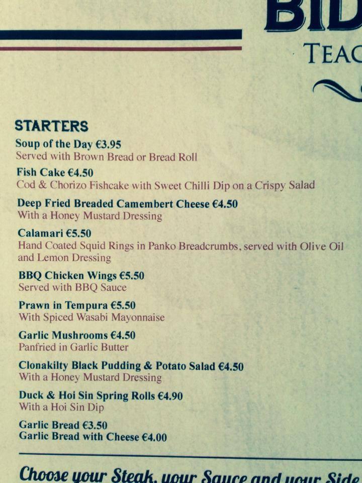 Menu at Biddys Teach Steig pub & bar, Athlone, 85 Sean Costello Street