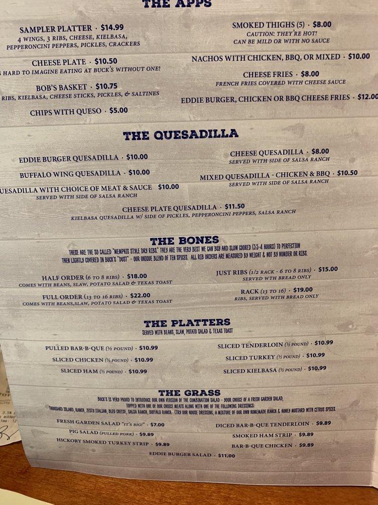 Menu at Bucks Bar, Corinth
