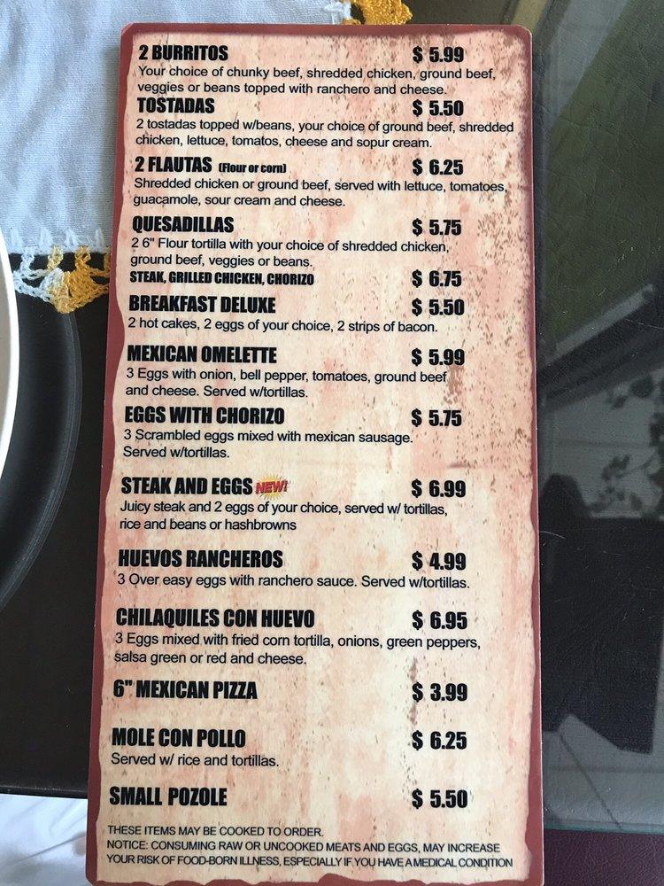 Menu at Carlos' Mexican Restaurant, Westland