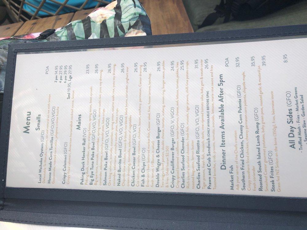 Menu at Charlie Farley's pub & bar, Auckland