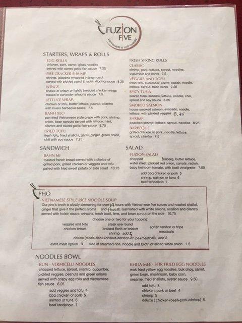Menu at Fuzion Five restaurant, Palm Springs