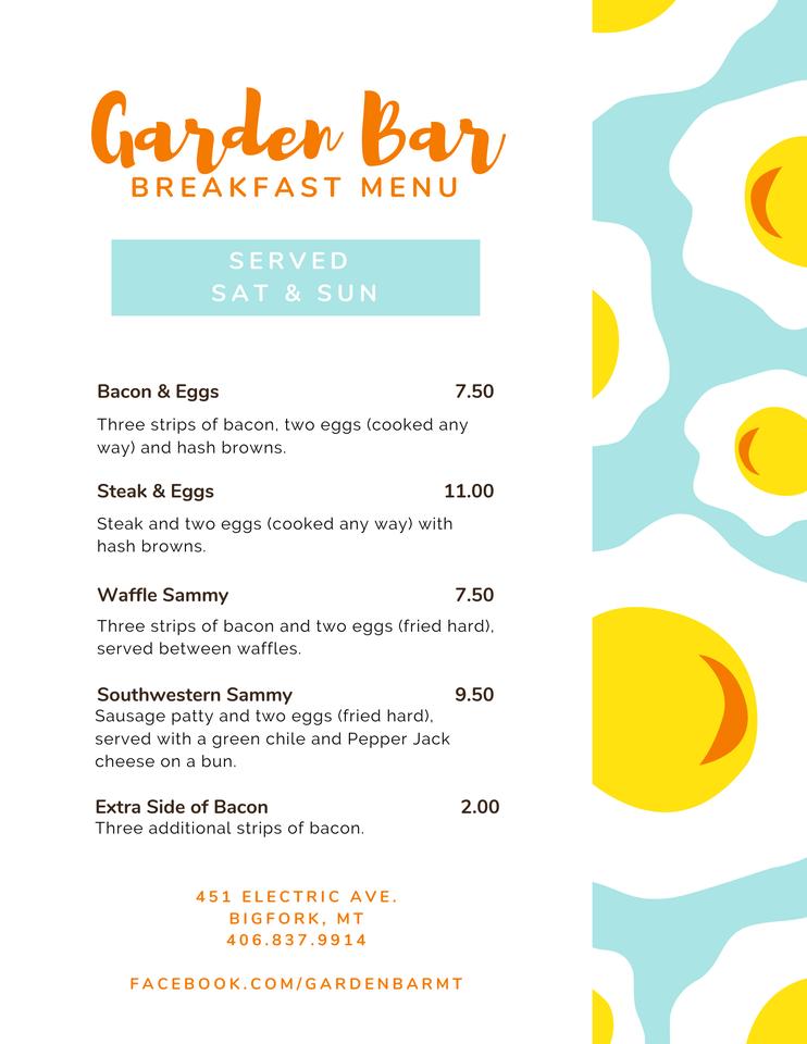 Menu at Garden Bar, Bigfork
