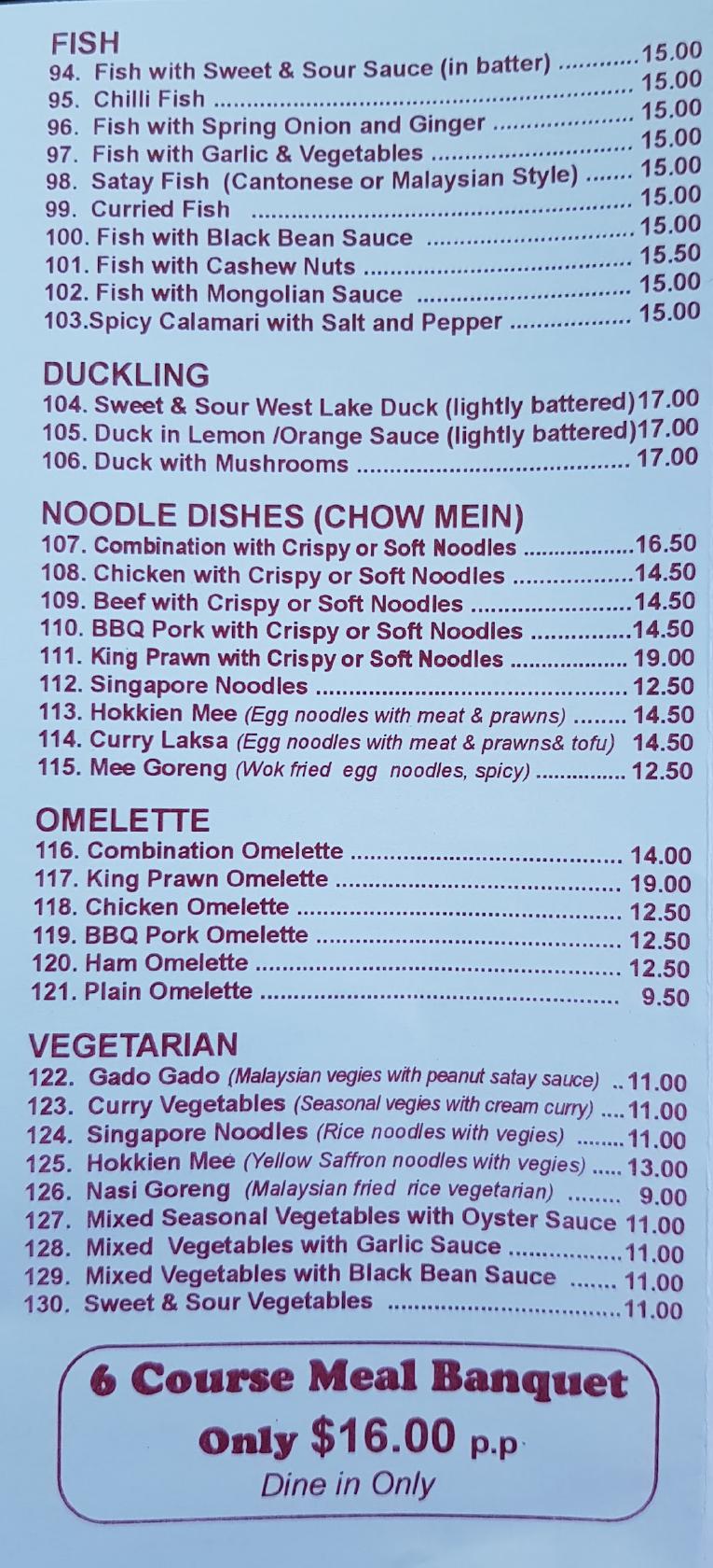 Menu at Great China Inn restaurant, Moe