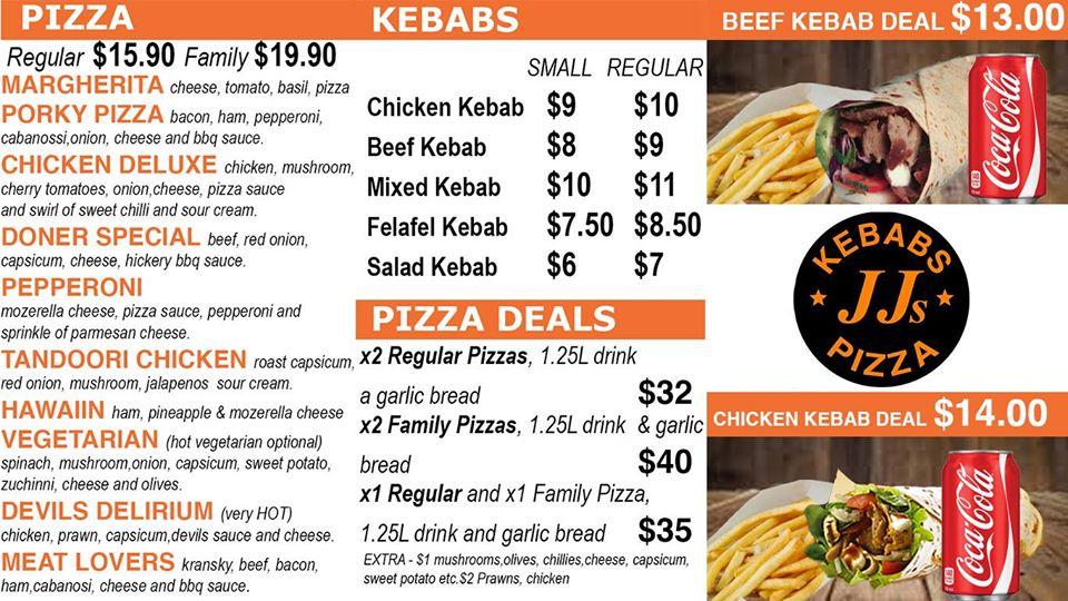 Menu at JJ's Kebabs and Pizza pizzeria, South Tamworth