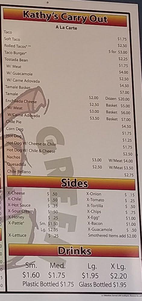 Menu at Kathy's Carry Out restaurant, Albuquerque