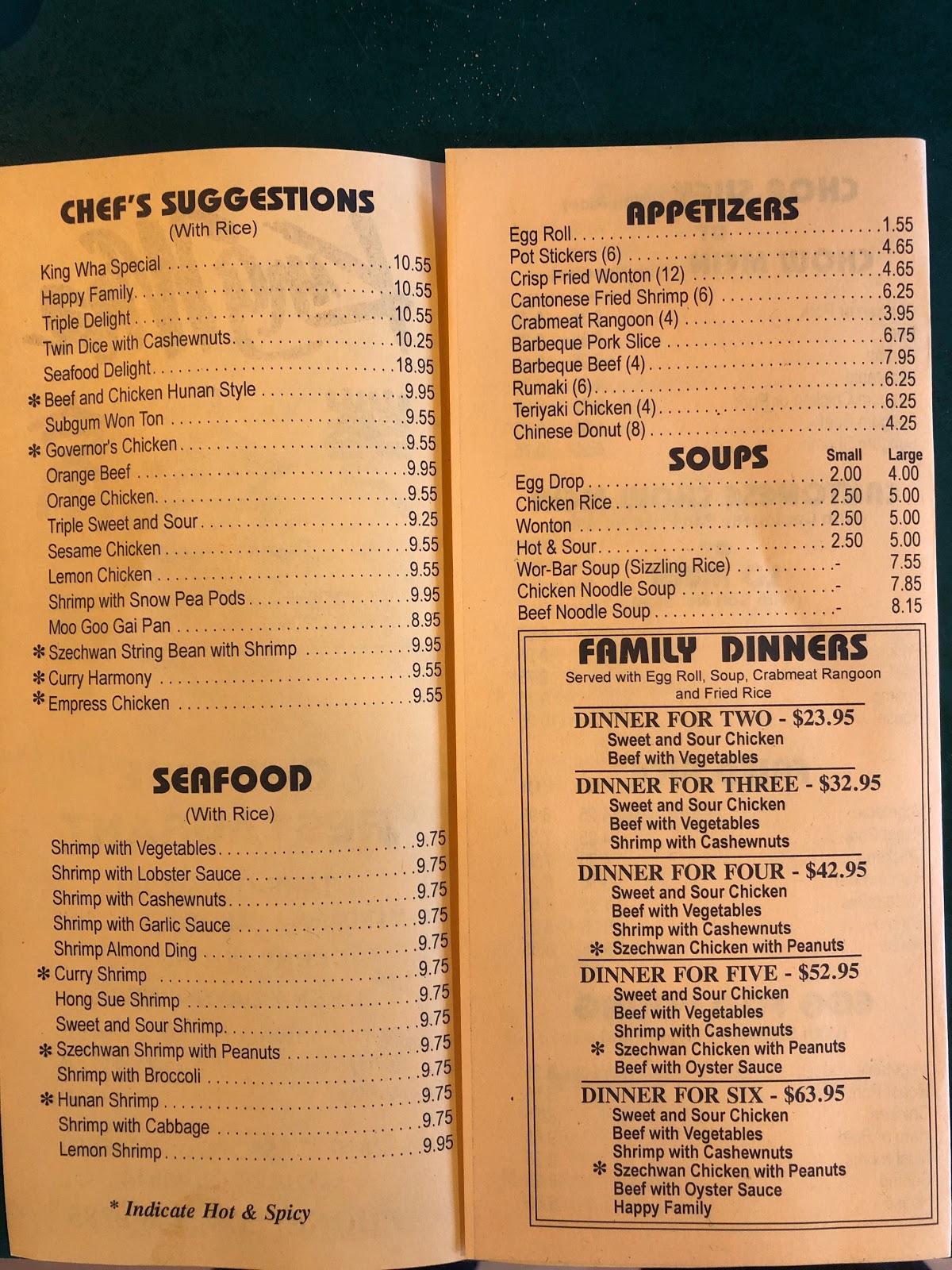 Menu at King Wha Chinese Restaurant, Elkhart