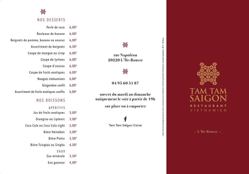 Carta del restaurante Tam-Tam Saïgon, L'Île-Rousse, 7 Rue Napoléon