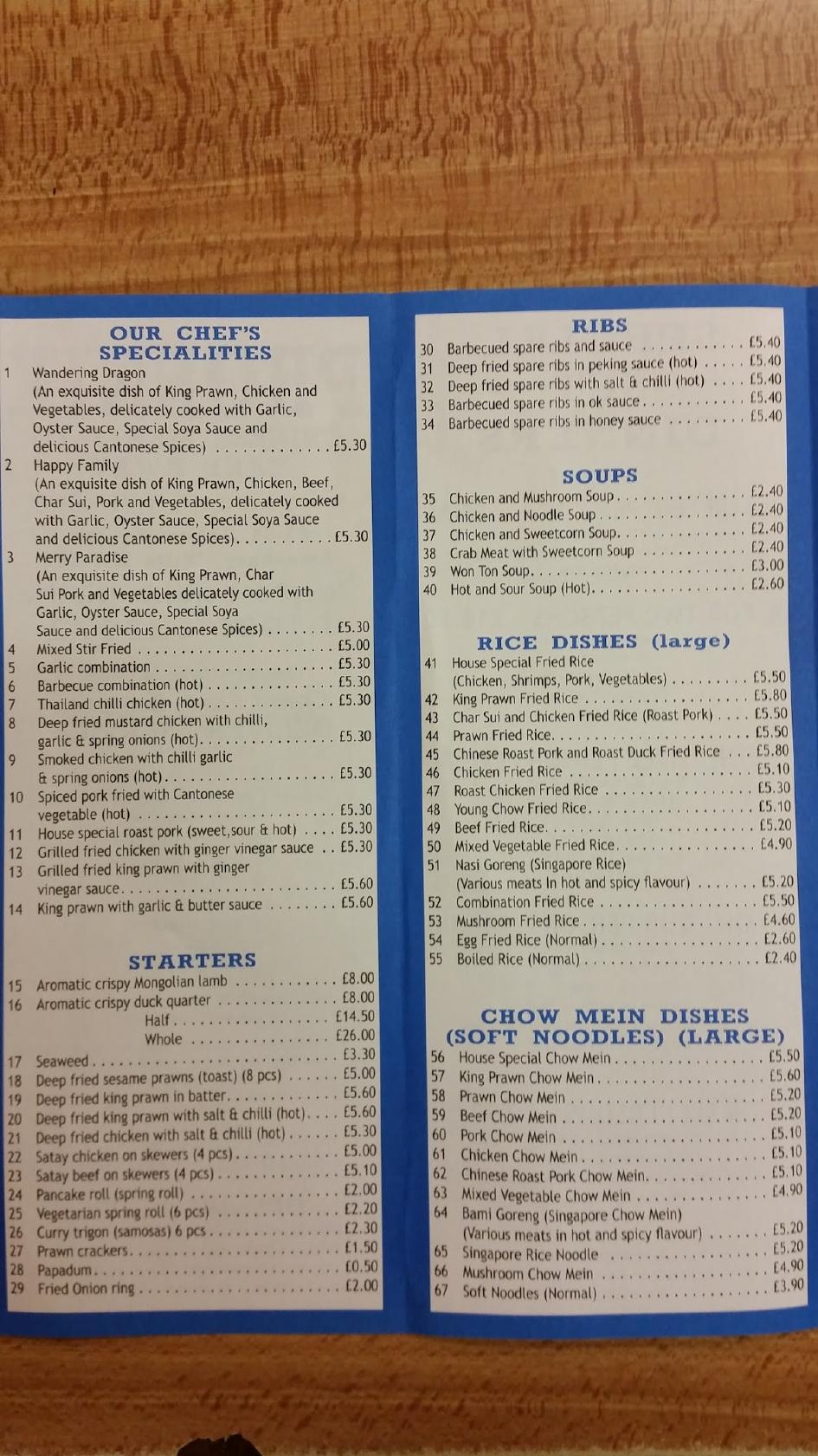 Menu at Phoenix fast food, Amesbury