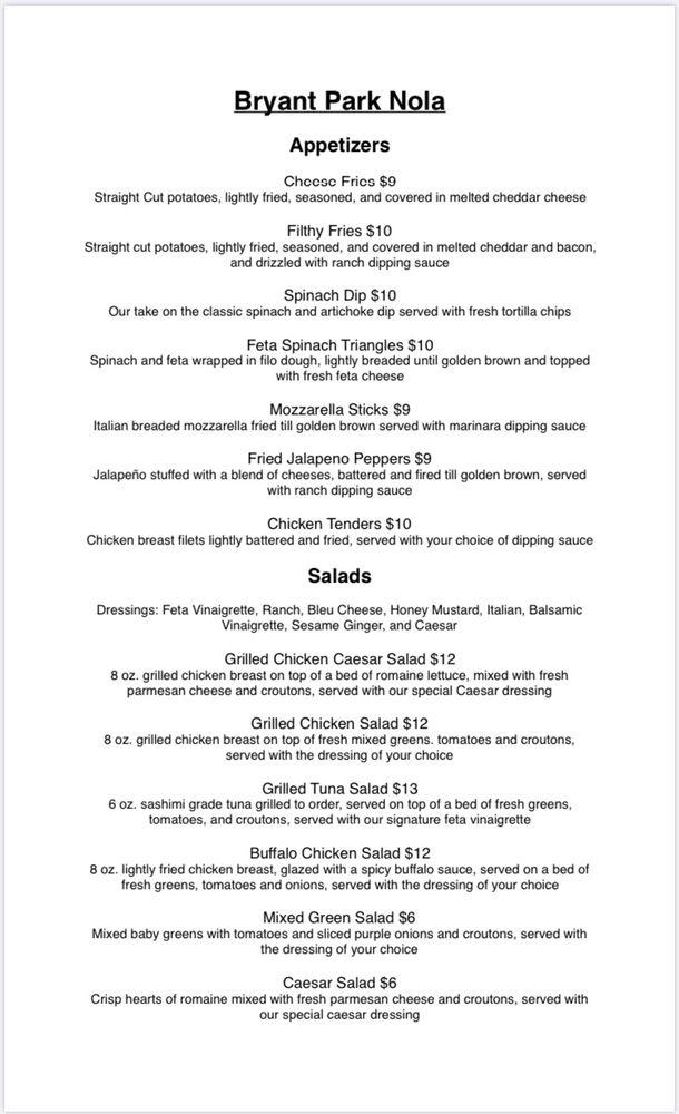 Menu at Bryant Park Nola pub & bar, New Orleans