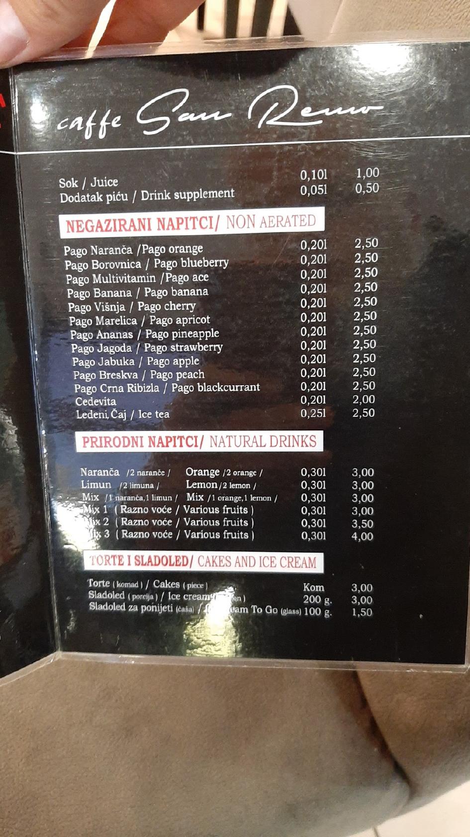 Menu at Caffe San Remo cafe, Mostar
