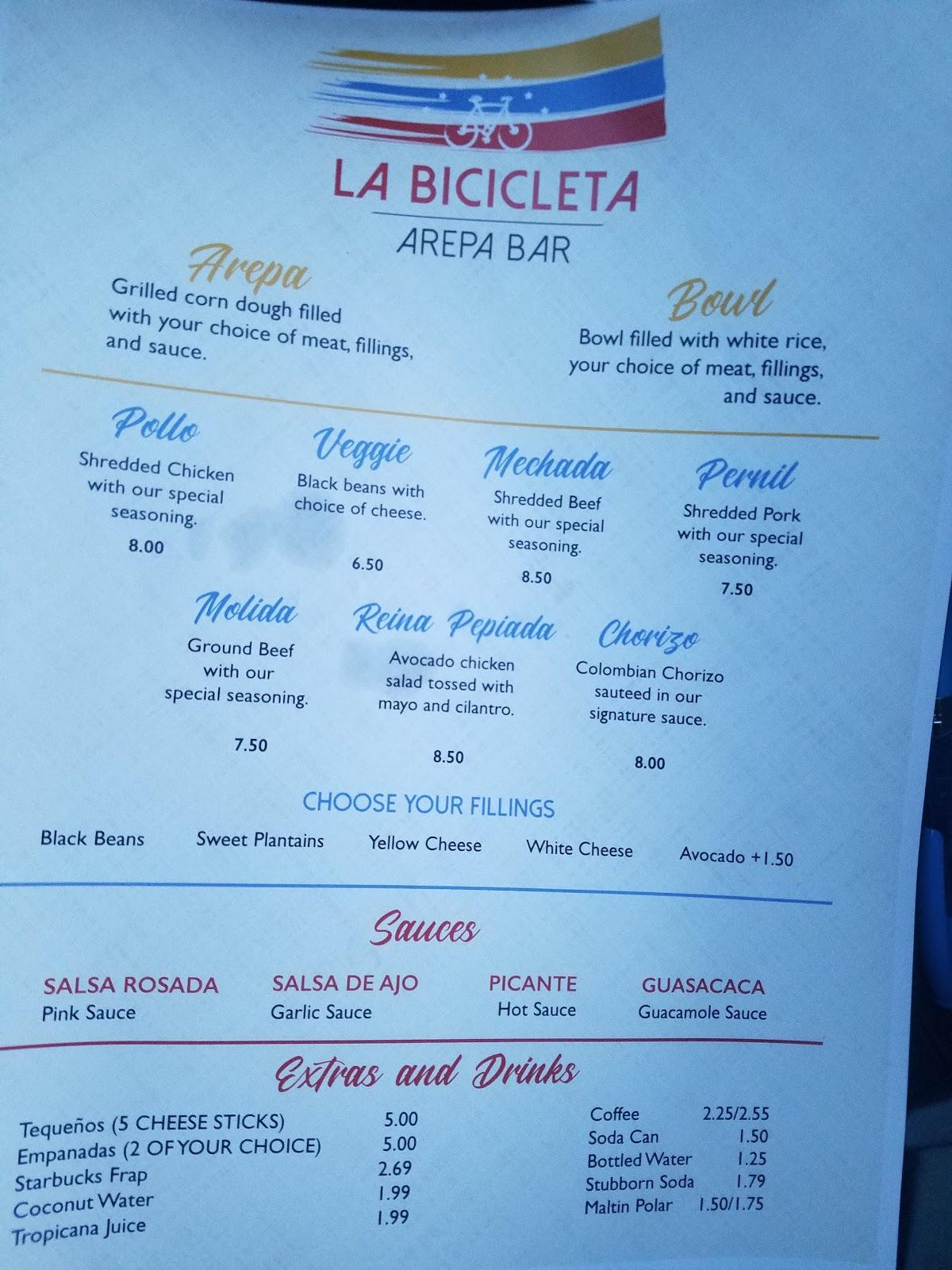Menu at La Bicicleta Arepa Bar, Allentown