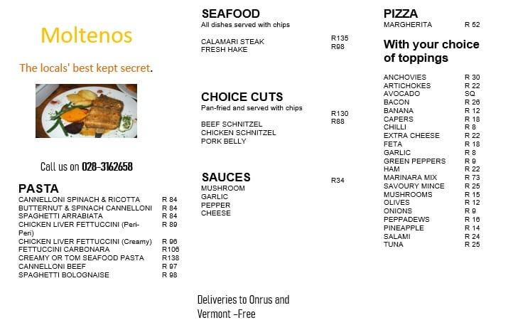 Menu at Moltenos restaurant, Onrus