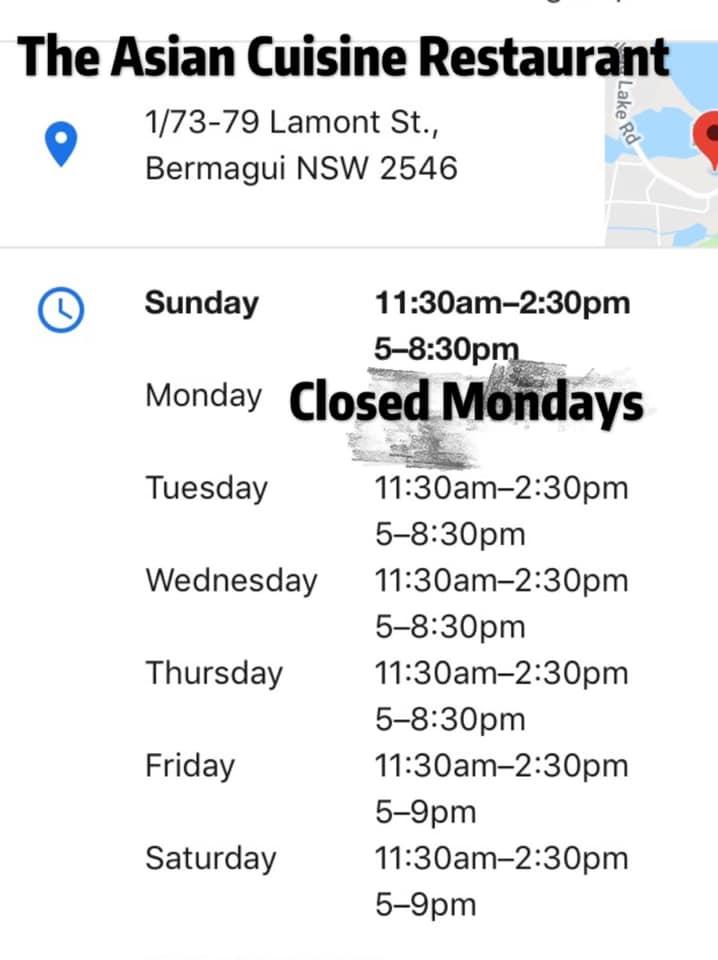 Menu at The Asian Cuisine restaurant Bermagui NSW, Bermagui