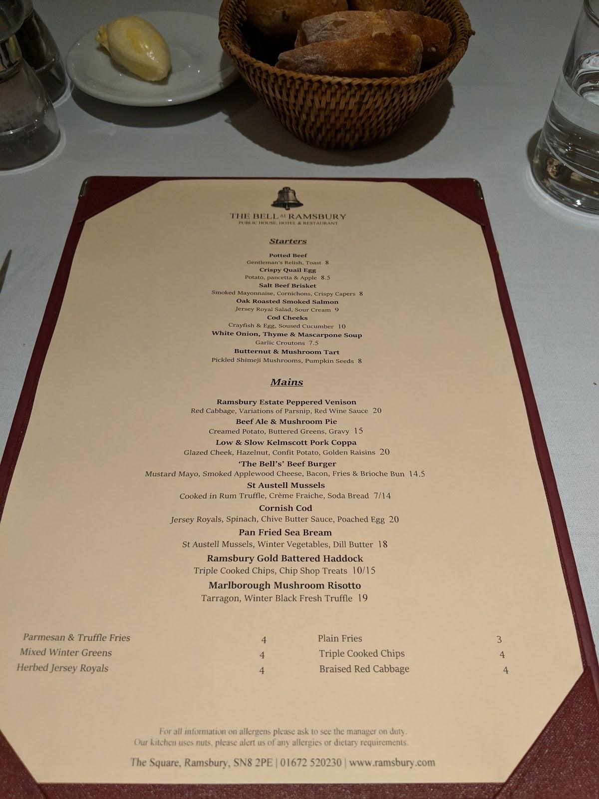 Menu at The Bell restaurant, Ramsbury, The Square