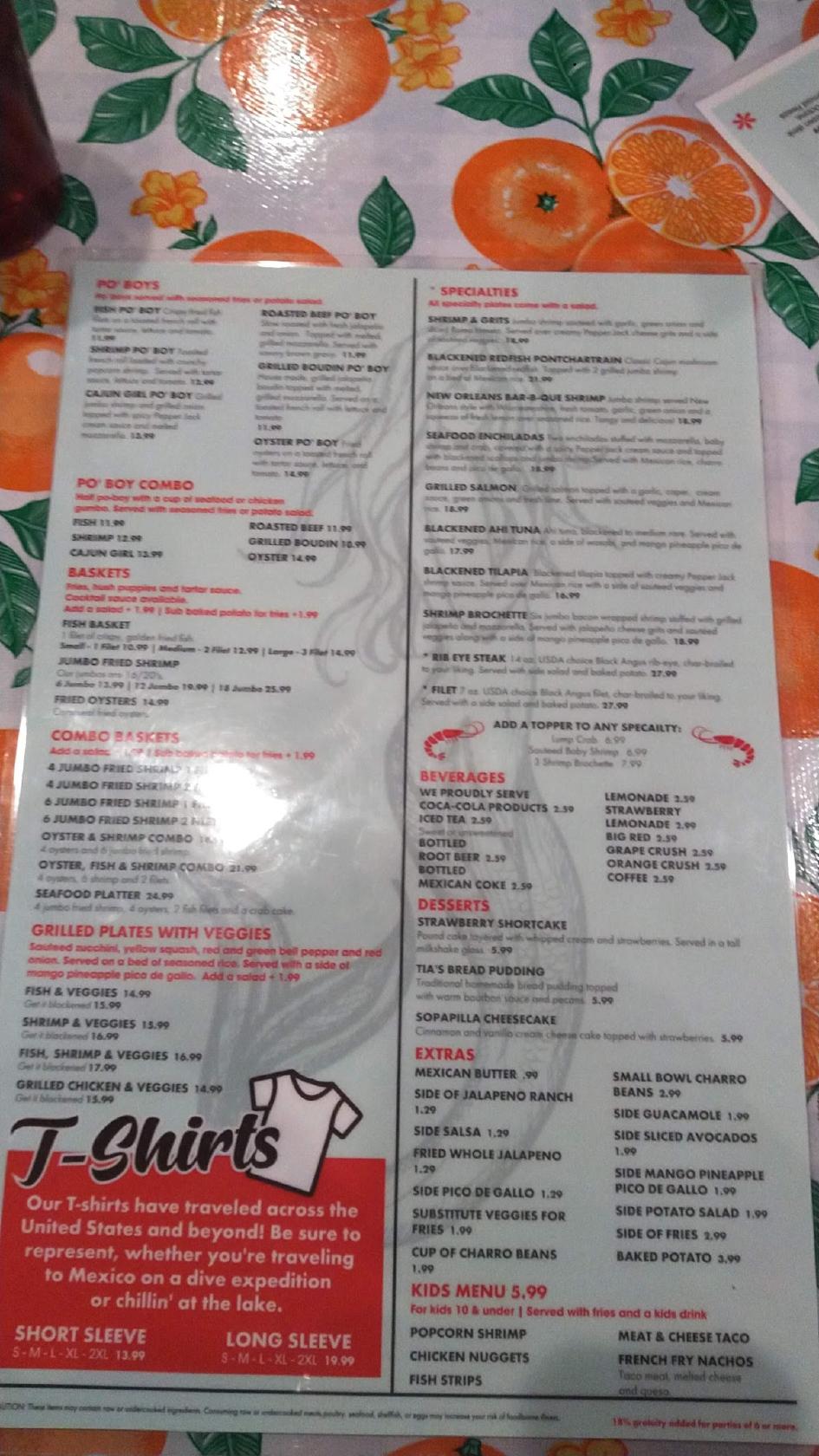 Menu at Tia Juanita’s Fish Camp restaurant, Orange