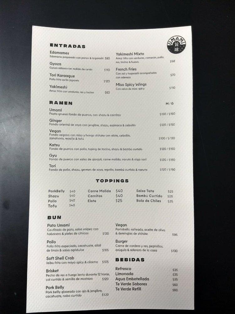 Menu at UMAMI restaurant, San Pedro Garza García, Río Orinoco 344