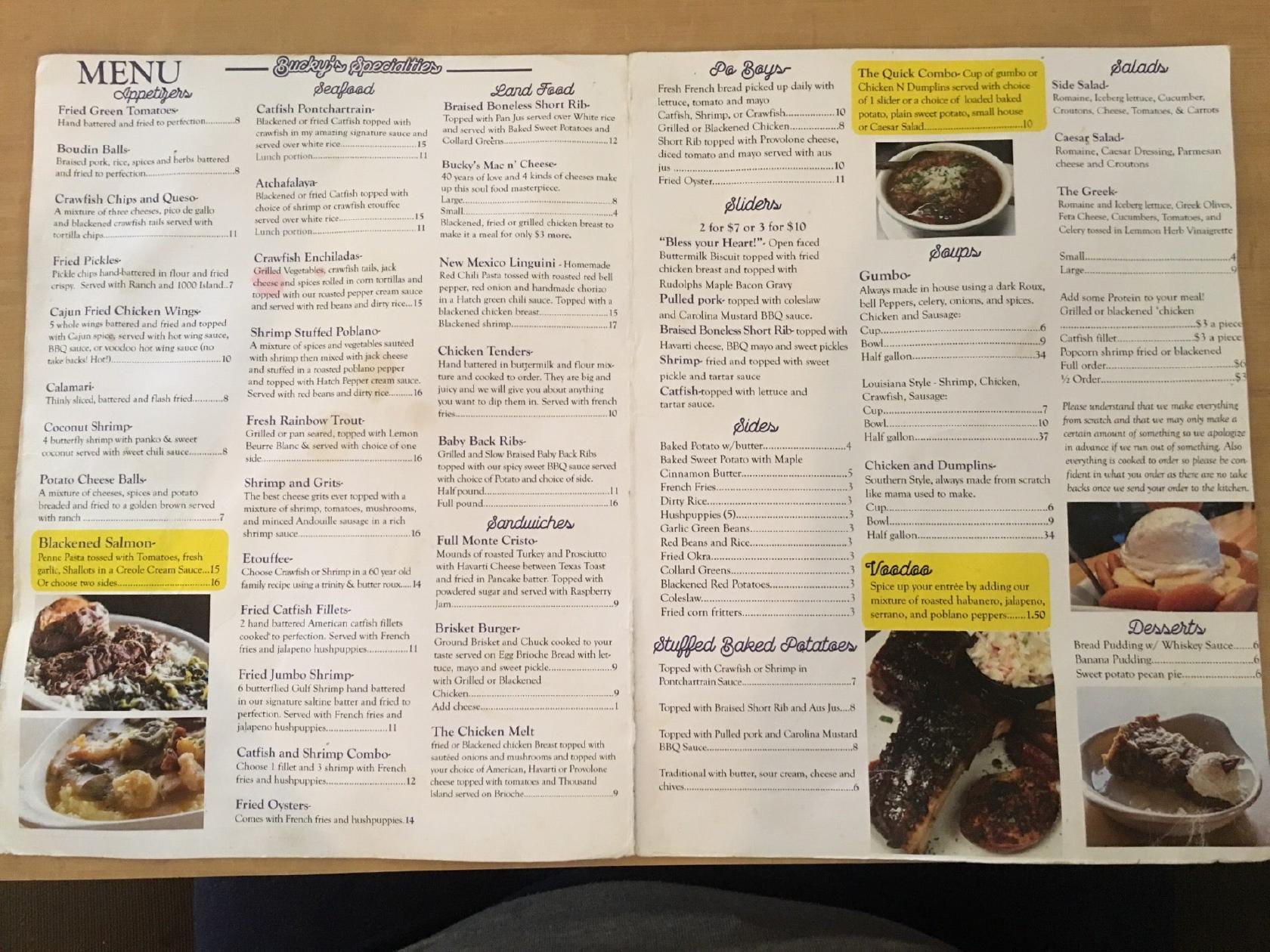 Menu at Bucky Moonshine's restaurant, Dallas