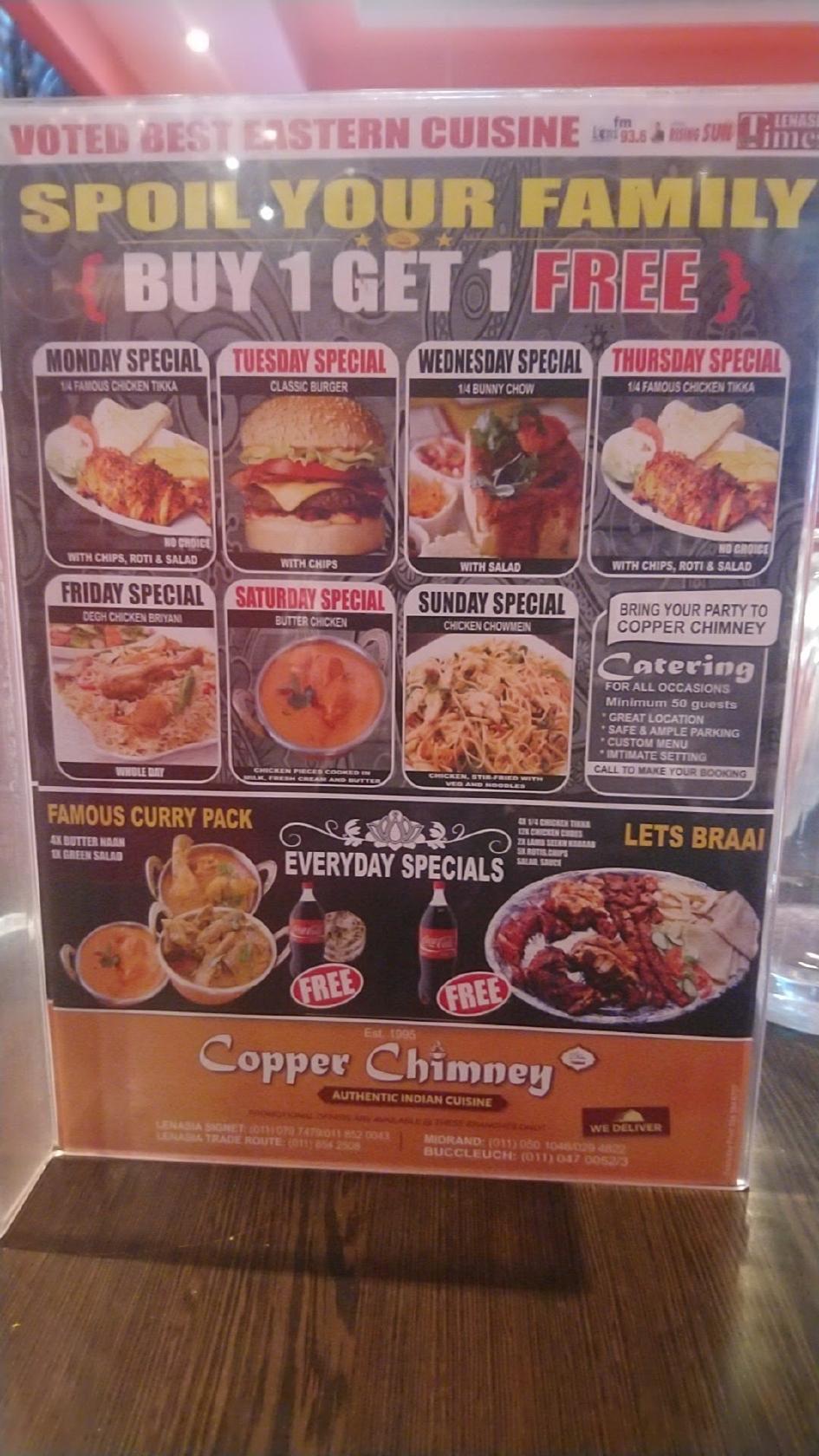 Menu at Copper Chimney restaurant, Lenasia, Signet Terrace