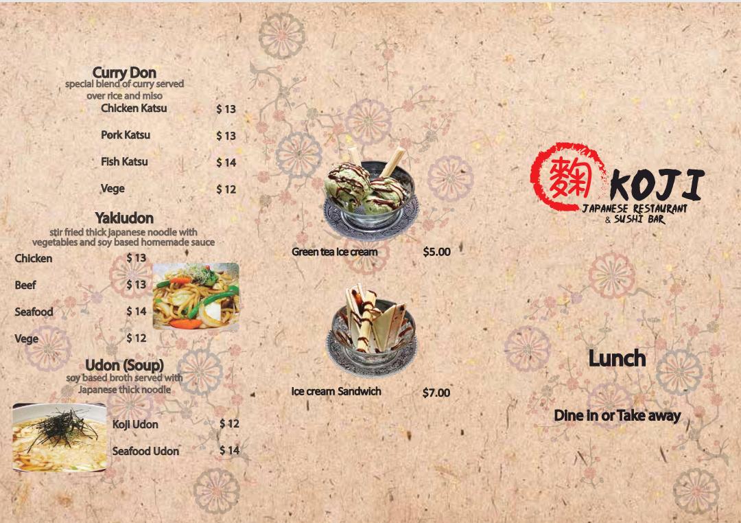 Menu at KOJI JAPANESE RESTAURANT, Invercargill